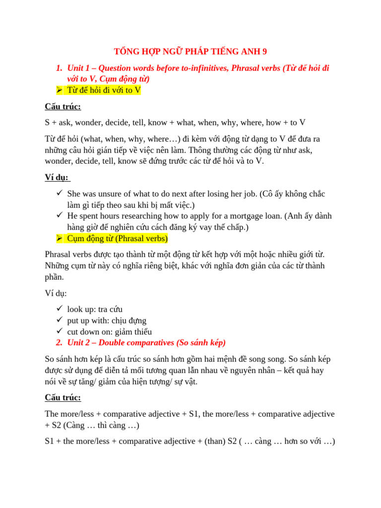 TỔNG HỢP NGỮ PHÁP TIẾNG ANH 9 | PDF