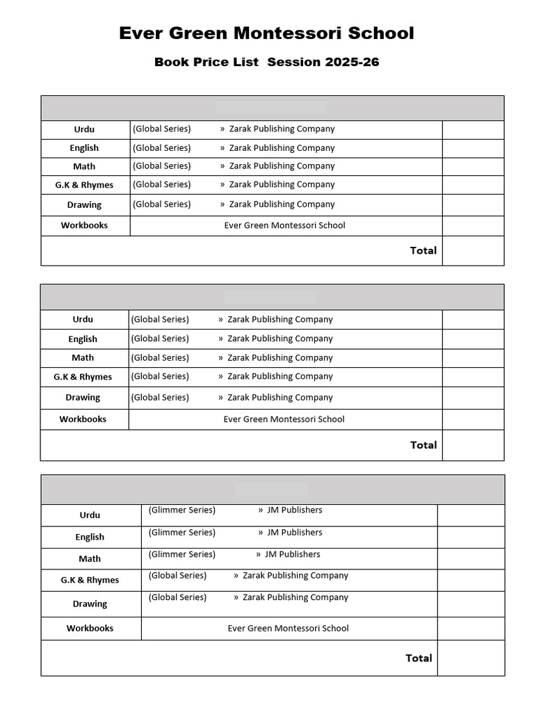 Ever Green Montessori Book Price List 2025-26 | PDF