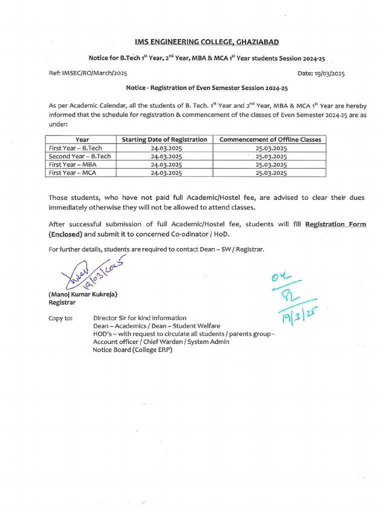 Notice For Registration and Commencement of Classes Even Sem 2024-25 ...