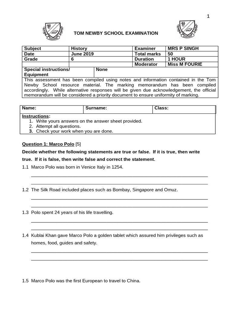 Grade 6 History Exam June 2019 | PDF | Marco Polo