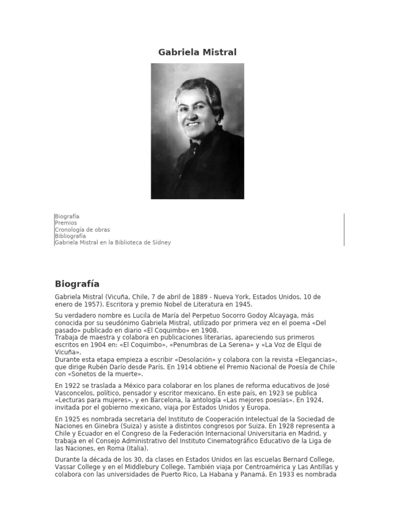 Gabriela Mistral Biografía Premios Obras | PDF