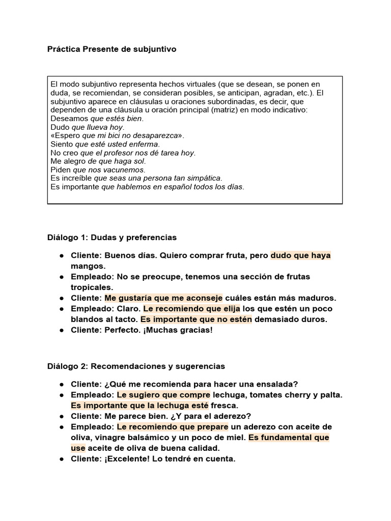 Práctica Presente de Subjuntivo | PDF | Cliente | Alimentos