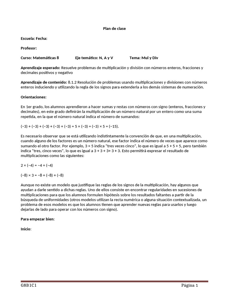 Plan de Clase: Multiplicación y División | PDF | Entero | Multiplicación