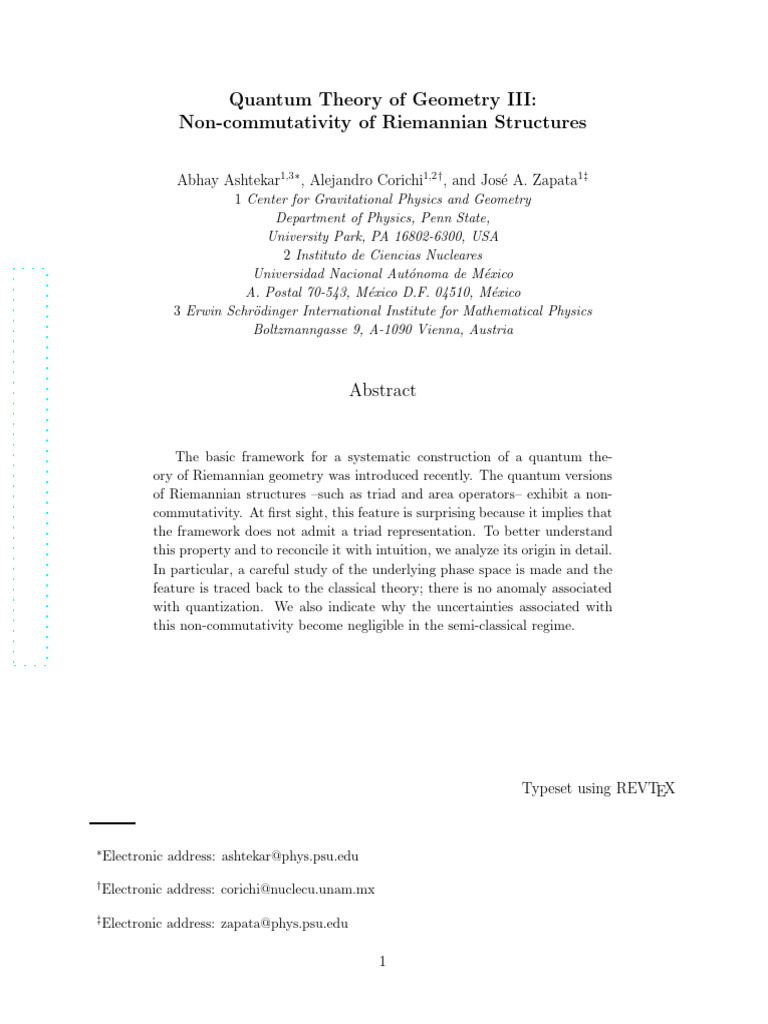 [Ashtekar] - Quantum Theory of Geometry III - Non-commutativity of Riemanninan Structures | PDF ...