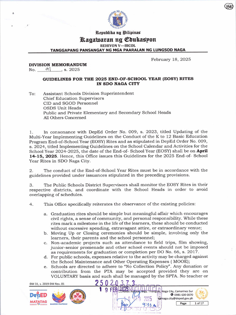 DM No. 91, s. 2025 Guidelines for the 2025 End-of-School Year (EOSY ...