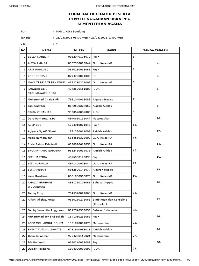 Form Absensi Peserta Cat S1 H2 | PDF