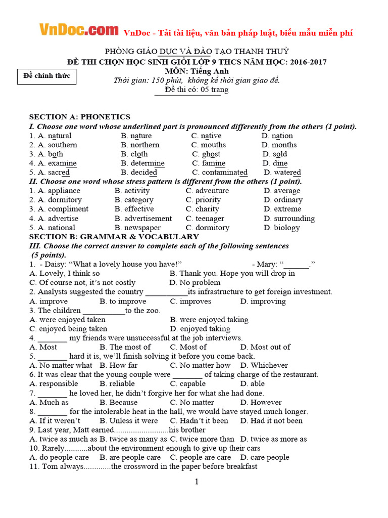 Bo de Thi Hoc Sinh Gioi Mon Tieng Anh Lop 9 Co Dap An So 1 Pages 1 | PDF | Linguistics