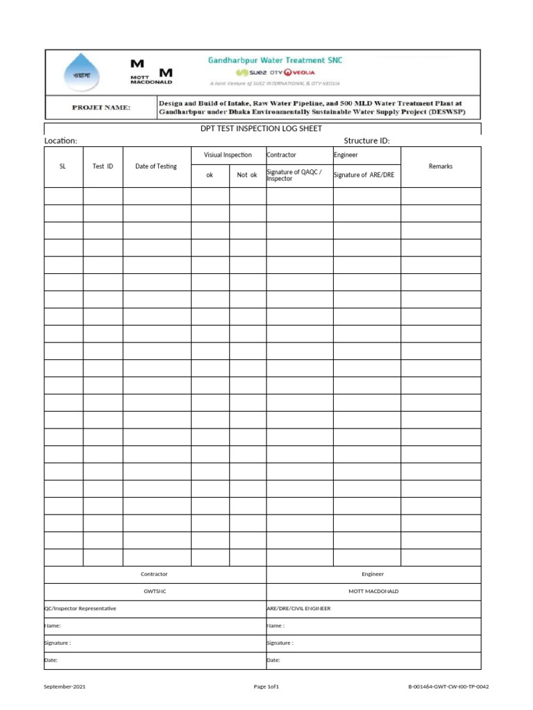 42 - DPT Test Inspection Log Sheet - (B-001464-Gwt-Cw-I00-Tp-0042) | PDF