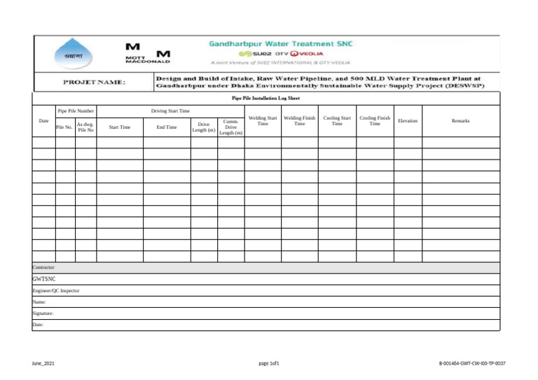 37 - Pipe Pile Installation Log Sheet (B-001464-GWT-CW-I00-TP-0037) | PDF