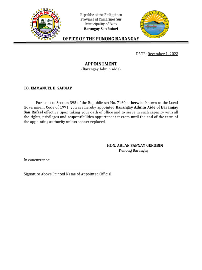 Appointment of Brgy Tanod | PDF