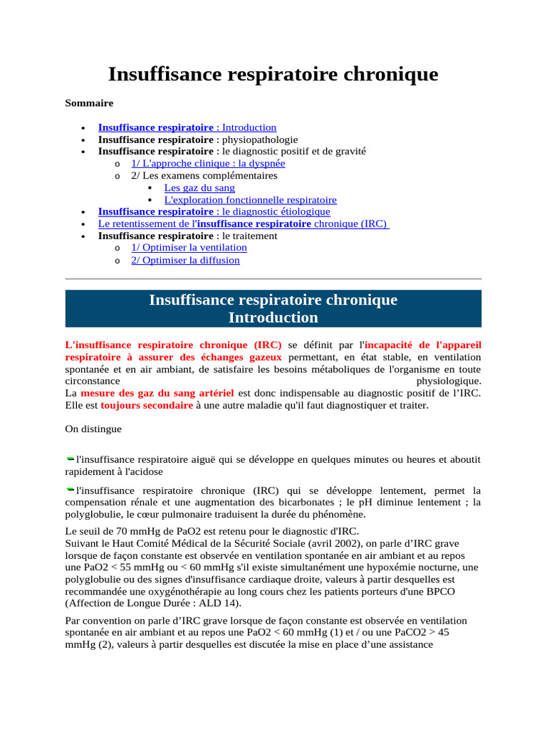 Insuffisance Respiratoire Chronique | PDF | Respiration | Spécialités ...