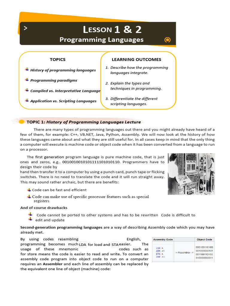 Lesson 1 and 2 Programming Languages | PDF | Scripting Language | Object Oriented Programming