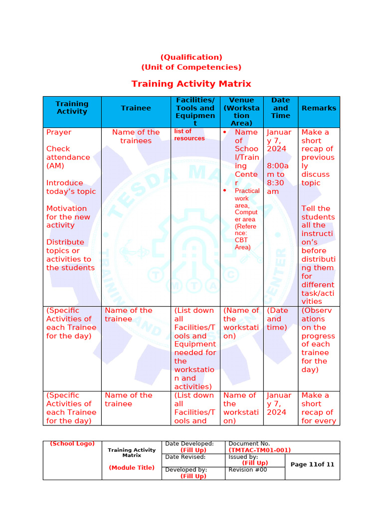 1.5.2024 Training Activity Matrix | PDF | Behavior Modification ...