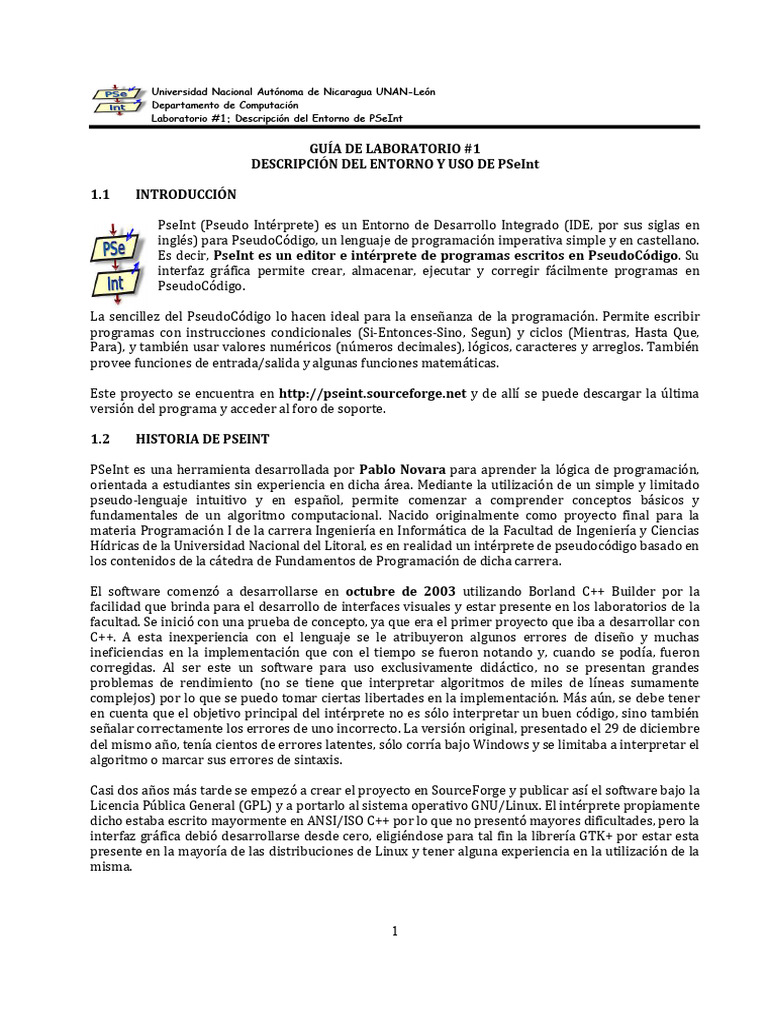Guialab 1 Descripcionpseint2 | PDF | Algoritmos | Programa de computadora