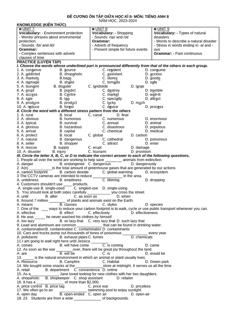 Đề cương ôn tập GK 2 Anh 8 | PDF | Tsunami | Carbon Footprint