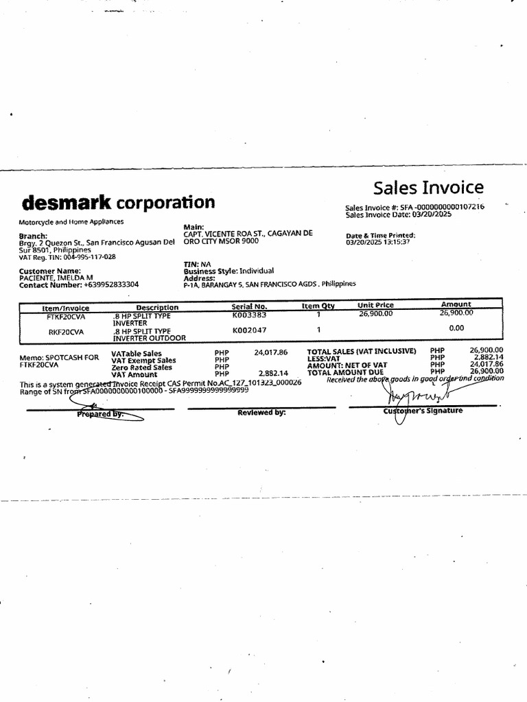 Desmark Sales Invoice for Honda | PDF