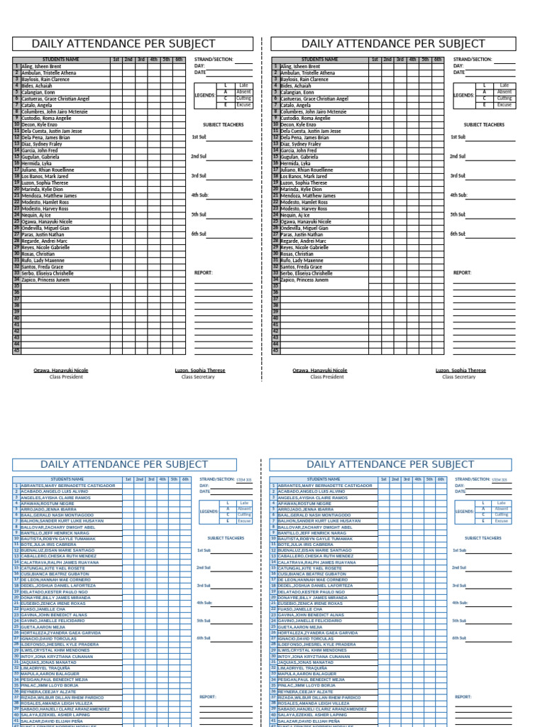 Daily Attendance Register by Subject | PDF