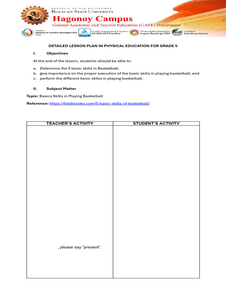 Grade 5 Basketball Skills Lesson Plan | PDF