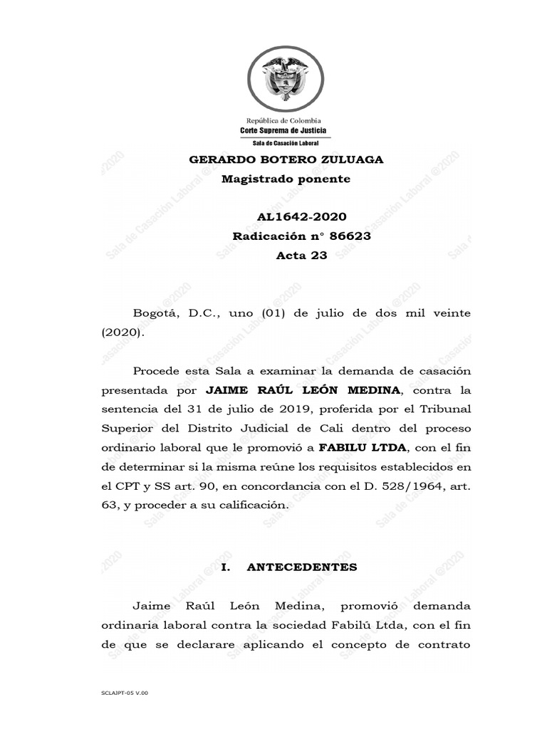 Gerardo Botero Zuluaga Magistrado Ponente AL1642-2020 Radicación N° 86623 Acta 23 | PDF ...