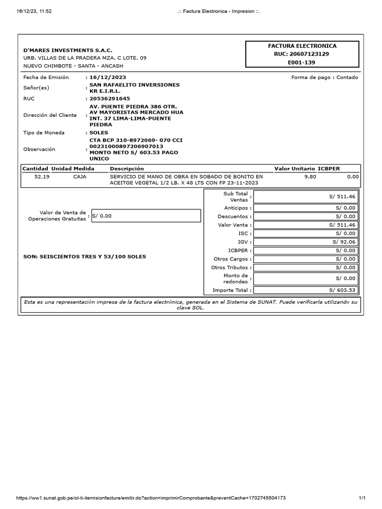 Fact. E001-139 | PDF | Tecnología bancaria | Pagos