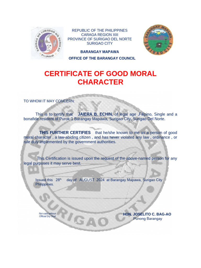 Certificate of Good Moral Character | PDF