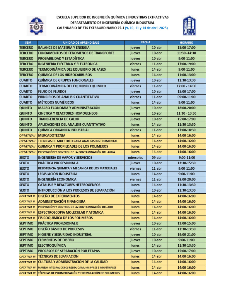 ETSX 25.1 Calendario | PDF | Ingeniería Química | Química