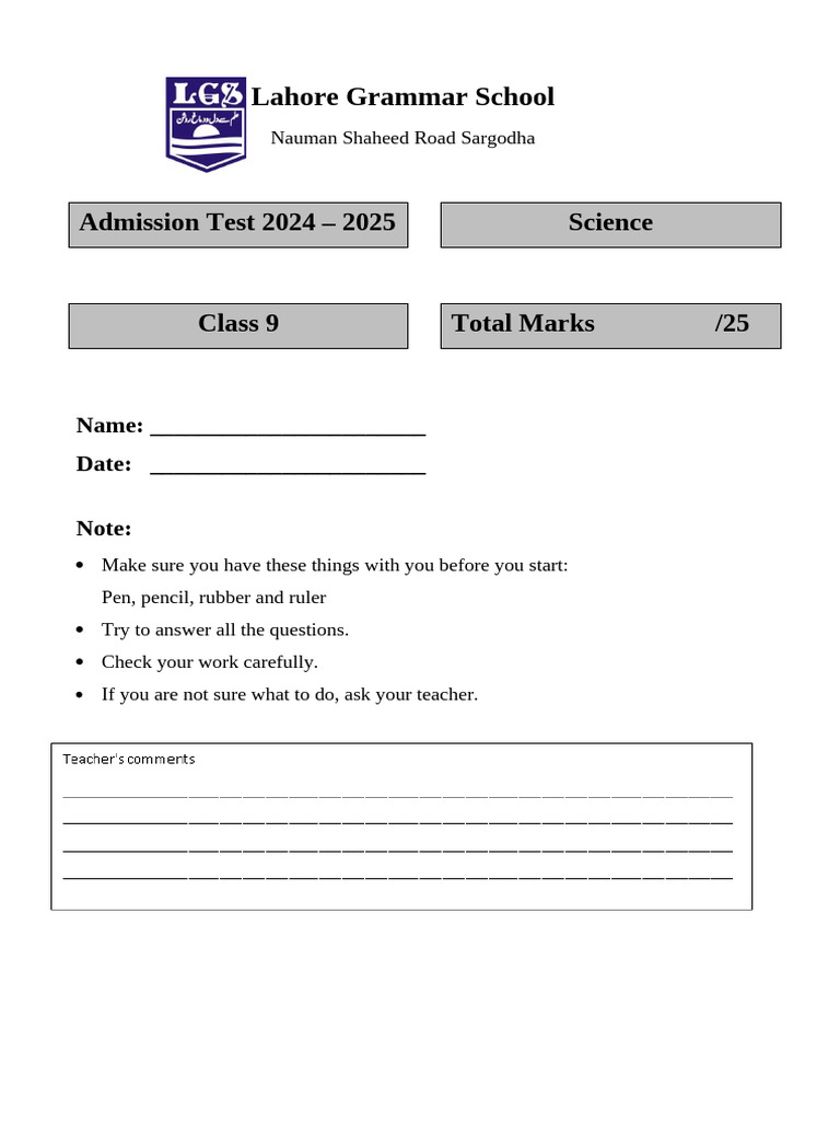 Admission Test Grade 8 (25-26) | PDF | Night | Earth