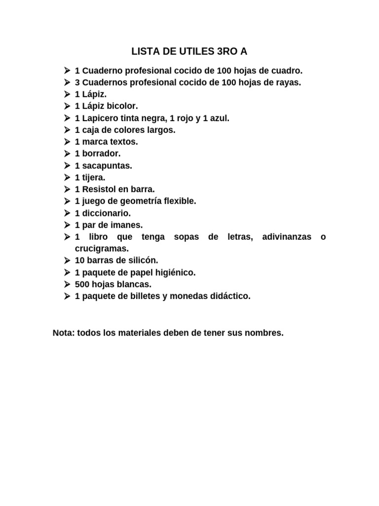 Lista de Utiles 3ro A | PDF