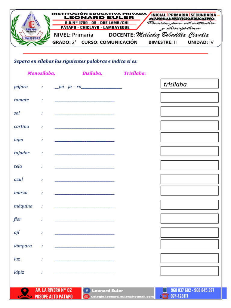 Clasificación de Las Palabras Según El Numero de Silabas | PDF