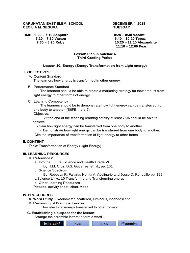 Science 6 Lesson Plan: Energy Transformation | PDF | Light | Sun