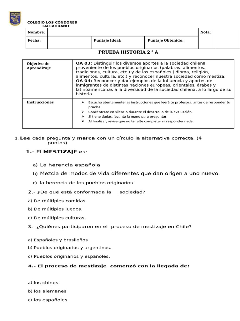 Prueba Segundo Basico | PDF | Inmigración