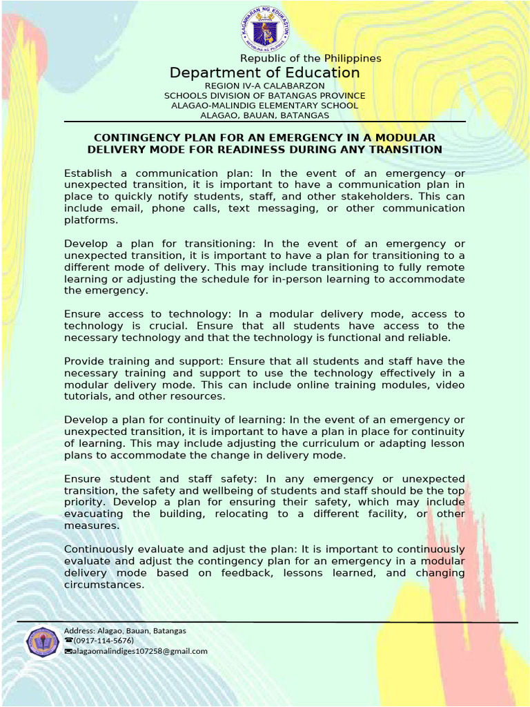 Emergency Contingency Plan For Modular Learning Pdf Emergency 7698