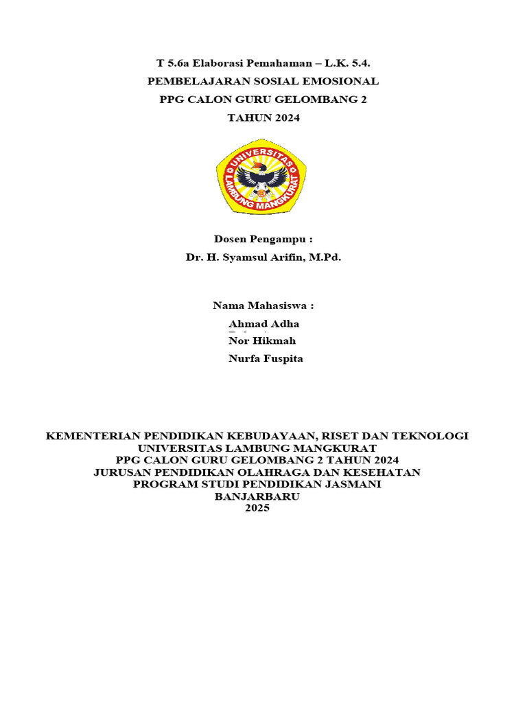 T5.6a Elaborasi Pemahaman (LK 5.4) Pembelajaran Sosial Emosional | PDF