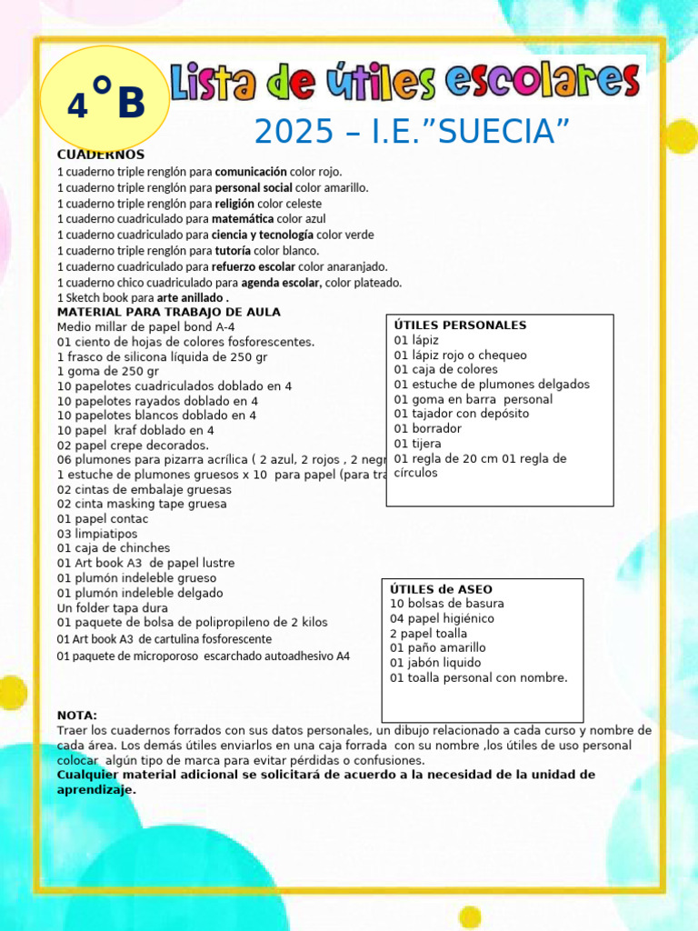 LISTA DE ÚTILES-2025-general | PDF | Cuaderno | Papelería