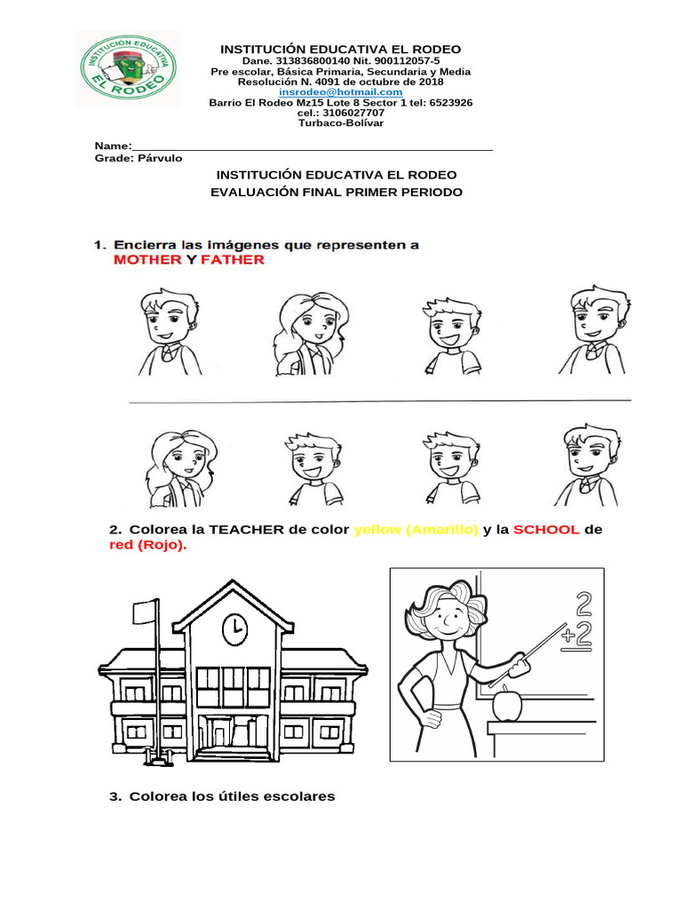 Examen Final de Ingles Primer Periodo Grado Párvulo.. | PDF