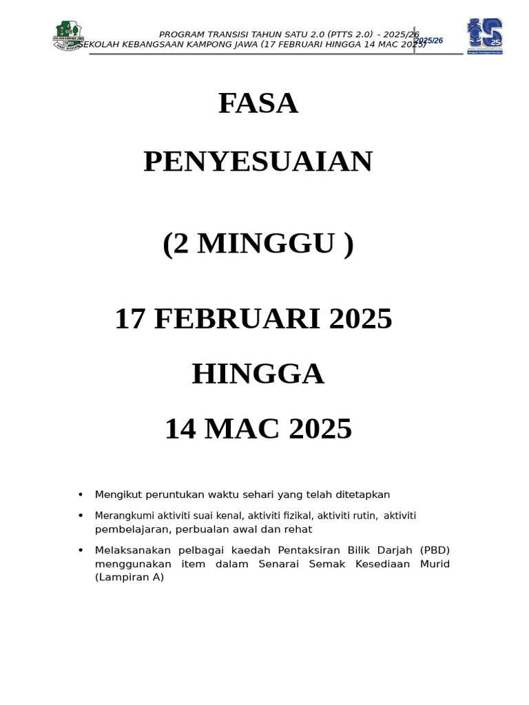 JADUAL TRANSISI 2025 FASA PENYESUAIAN SKKJ | PDF