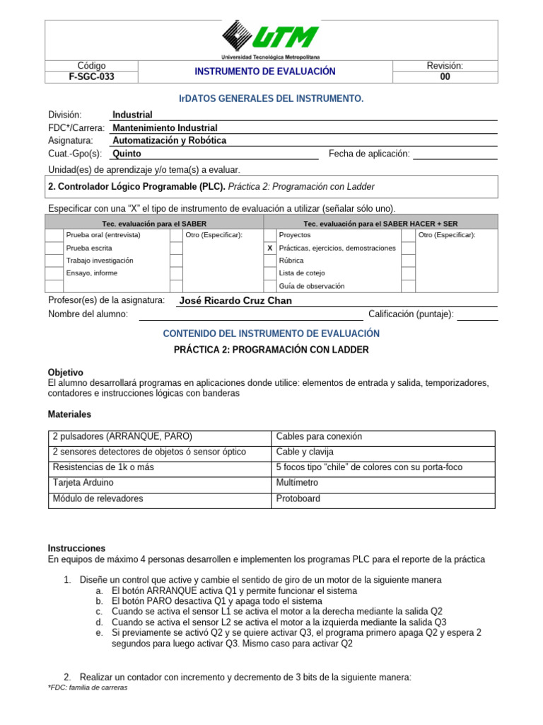 Aut. Rob. U2. Práctica 2 Tec | PDF | Controlador lógico programable ...