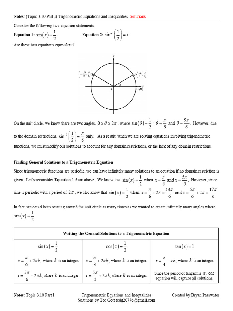 Notes Key Topic 3.10 Part I Trigonometric Equations and Inequalities ...