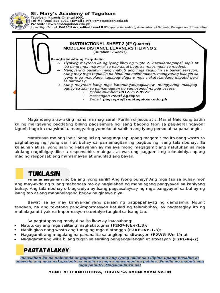 St. Mary's Academy of Tagoloan: Instructional Sheet 2 (4 Quarter ...