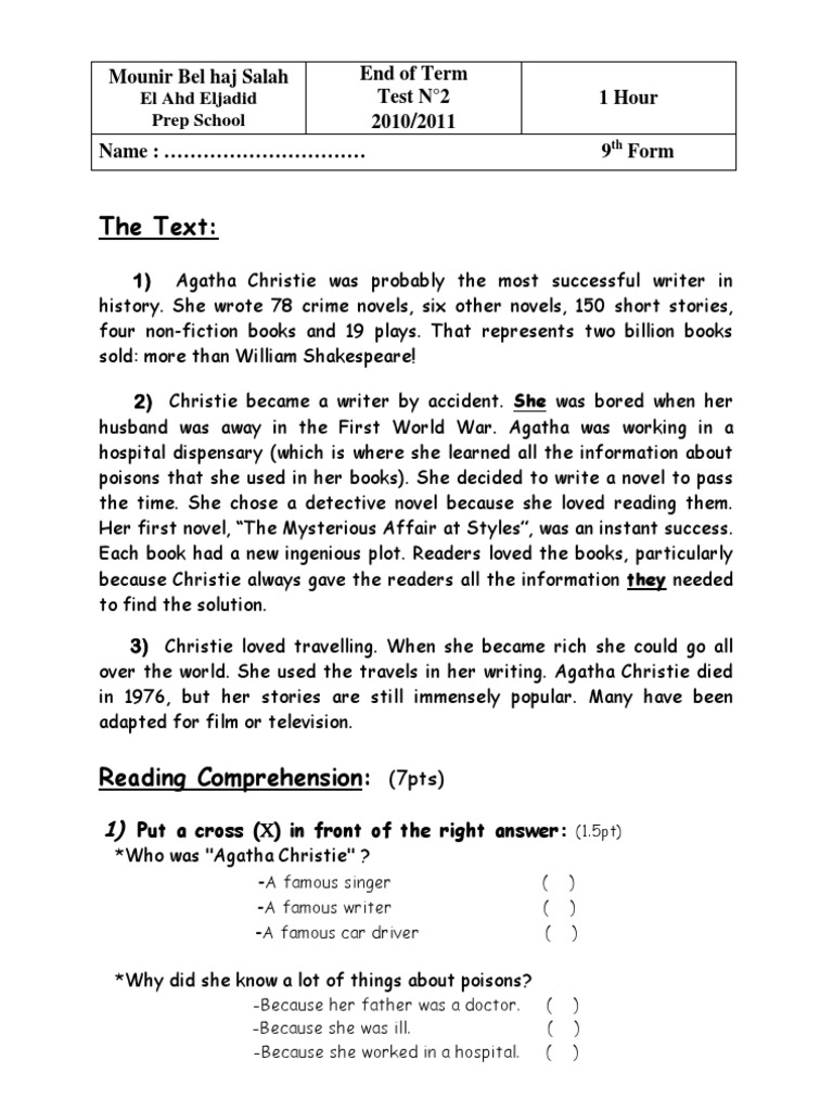 Devoir de Synthèse N°2 - Anglais - 9ème (2010-2011) MR Mounir Bel Haj Salah | PDF | Agatha ...
