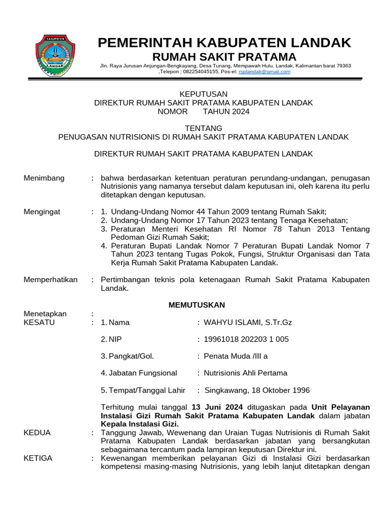 SK Penugasan Kepala Instalasi Gizi | PDF