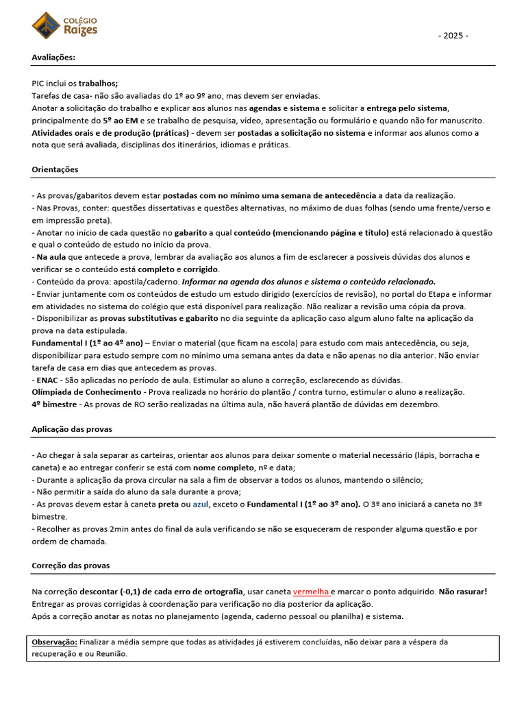 Avaliações e Provas: Diretrizes 2025 | PDF