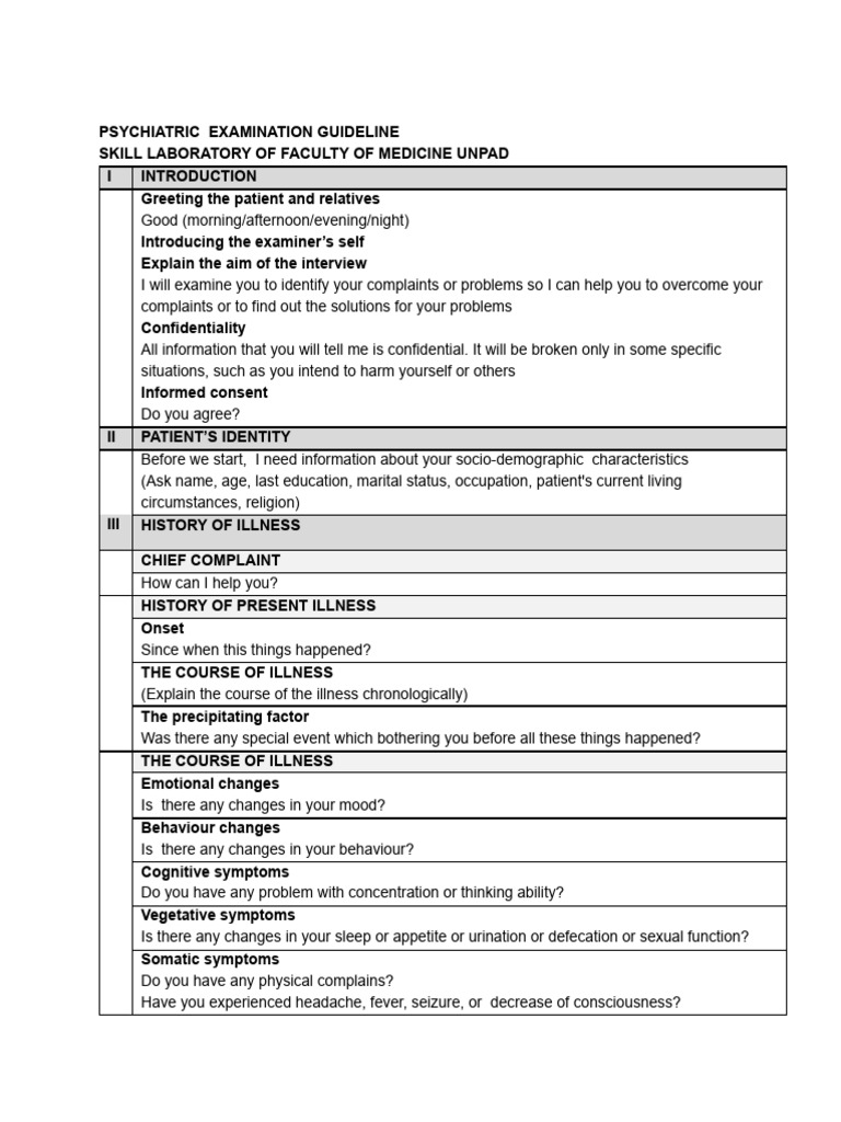 Psychiatric Examination Guideline | PDF | Hallucination | Abnormal Psychology