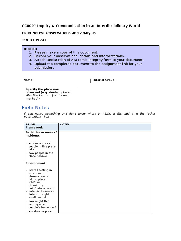 Field Notes Template-Place | PDF | Communication | Human Communication