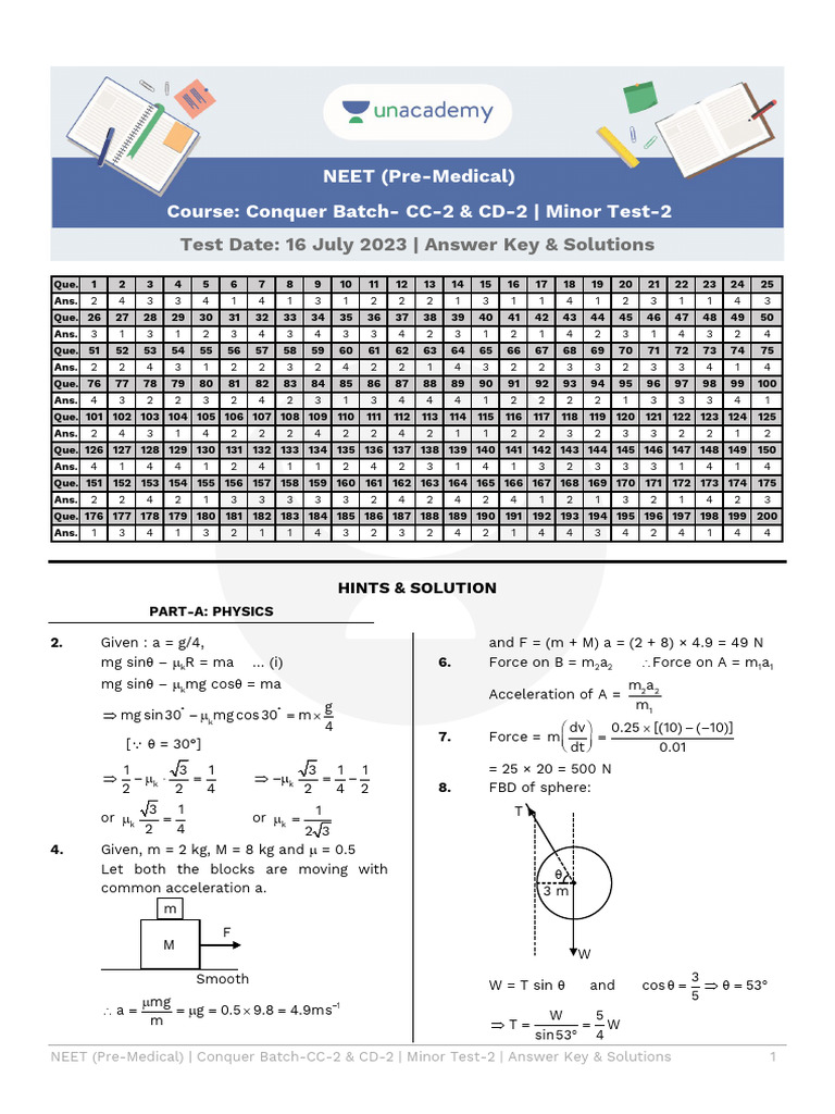 NEET Minor Test-2 Answer Key & Solutions | PDF | Force | Tension (Physics)