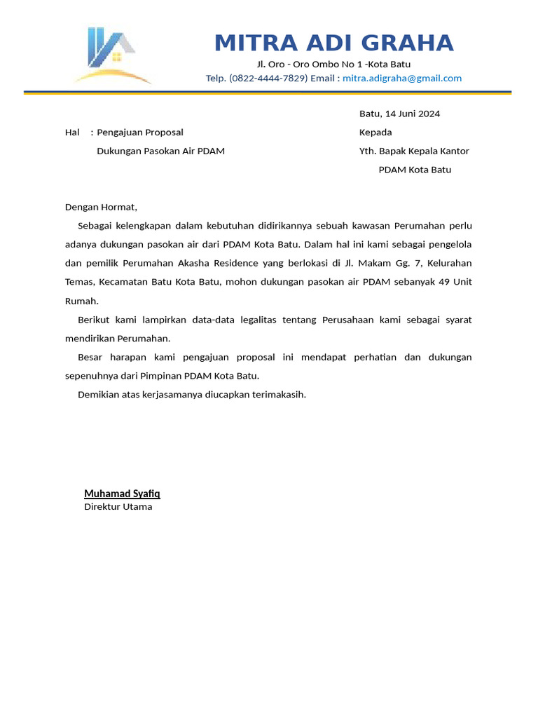 Surat Permohonan Pasokan PDAM Kota Batu | PDF