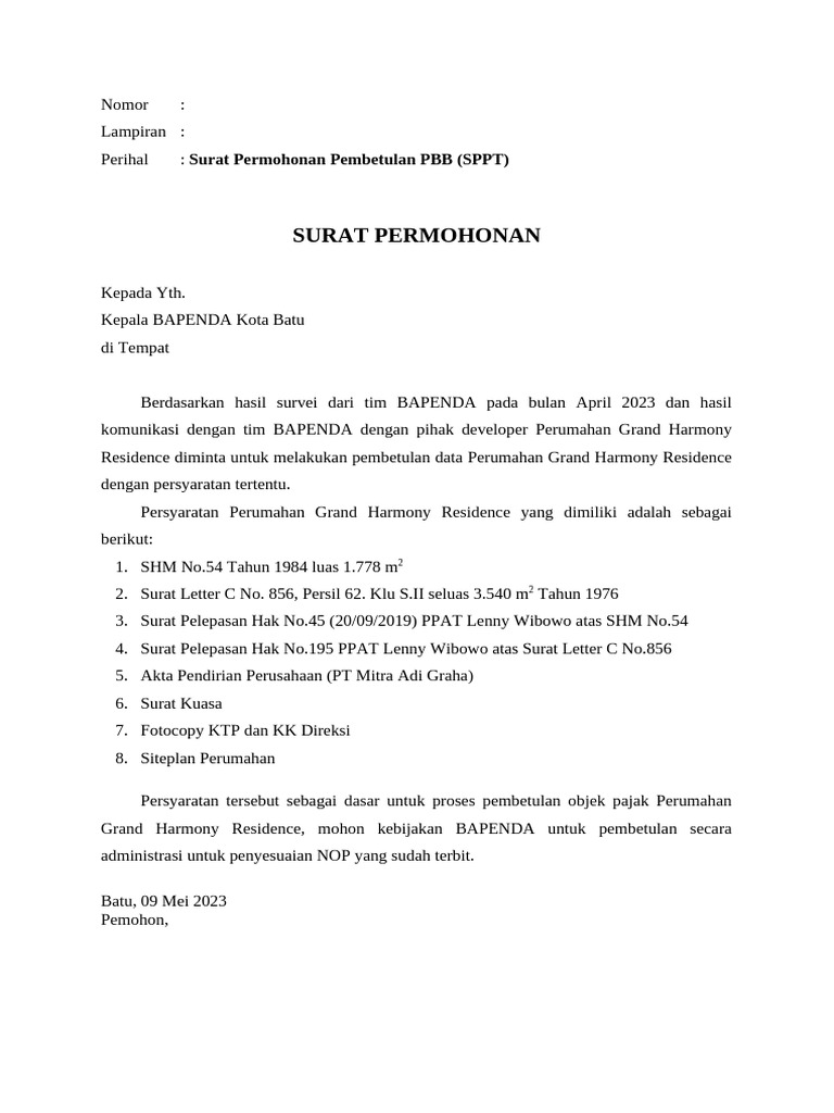 Surat Permohonan PBB Redaksi BAPENDA | PDF
