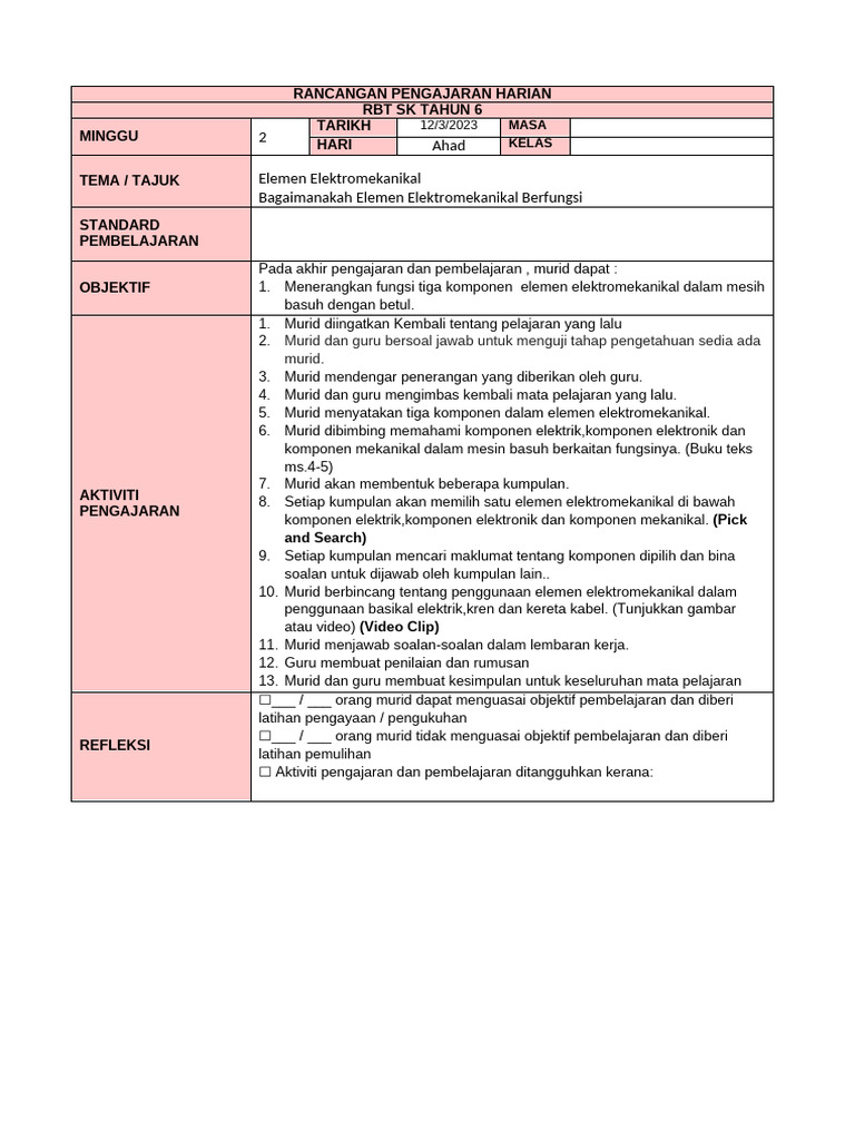 RPH Ringkas Minggu 2 RBT THN 6 2023 | PDF