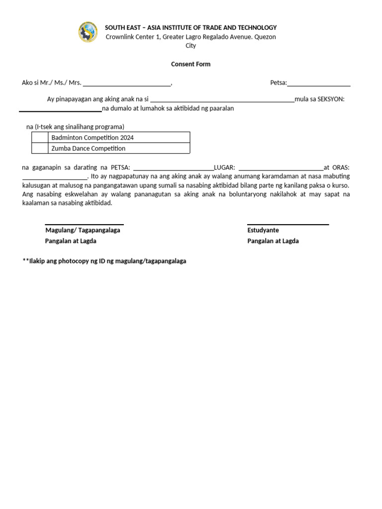 Badminton Consent Form 68 | PDF