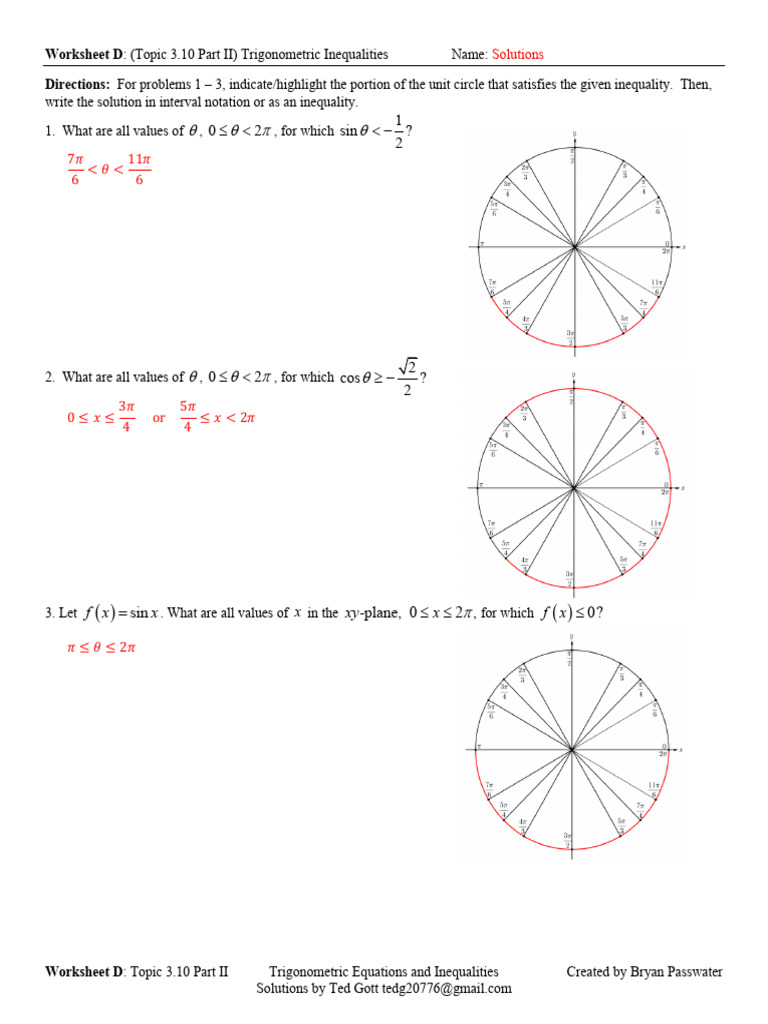 Trigonometric Equations & Inequalities Worksheet | PDF | Trigonometric ...